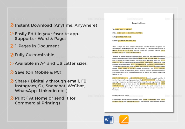 Sample Deal Memo Template in Word, Google Docs, Apple Pages
