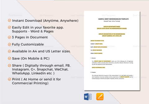 Army Memorandum Template in Word, Google Docs, Apple Pages