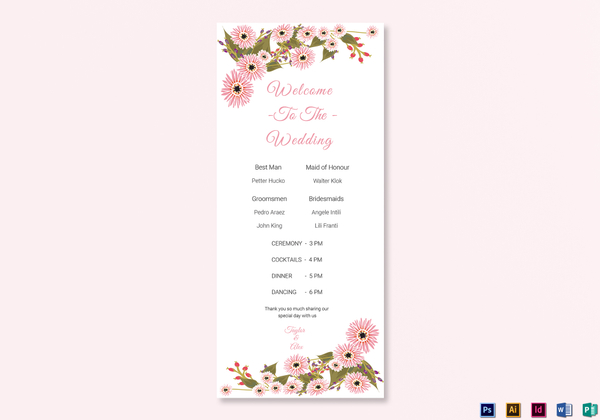 Floral Wedding Program Card Design Template in Illustrator, InDesign ...