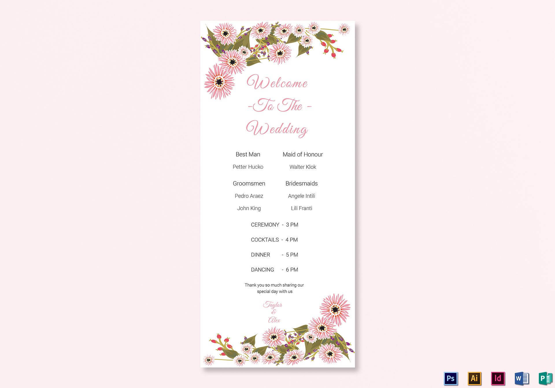 Floral Wedding Program Card Design Template In Illustrator InDesign 