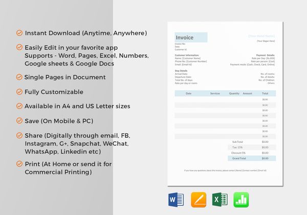 Hotel Invoice Template in Word, Excel, Apple Pages, Numbers