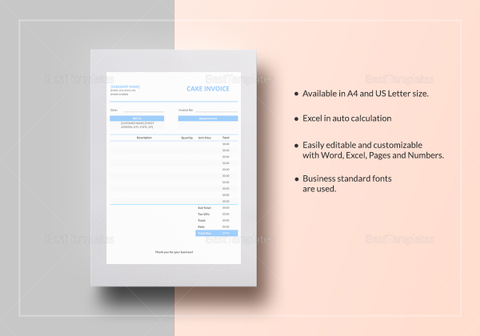 Cake Invoice Template in Word, Excel, Apple Pages, Numbers