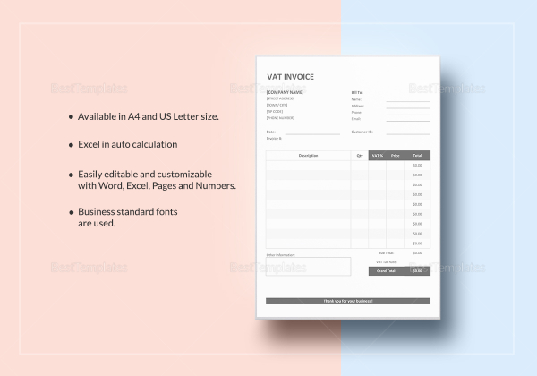 VAT Invoice Template in Word, Excel, Apple Pages, Numbers