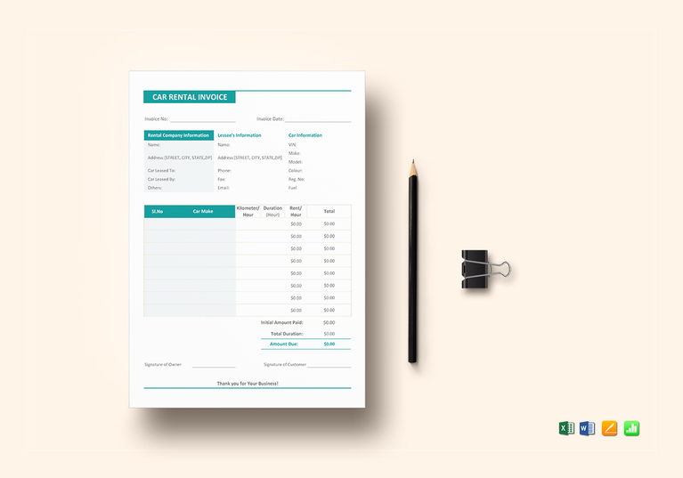 Car Rental Invoice Template in Word, Excel, Apple Pages, Numbers