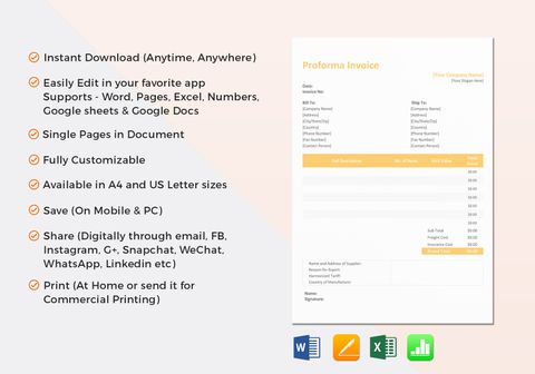 Proforma Invoice Template in Word, Excel, Apple Pages, Numbers