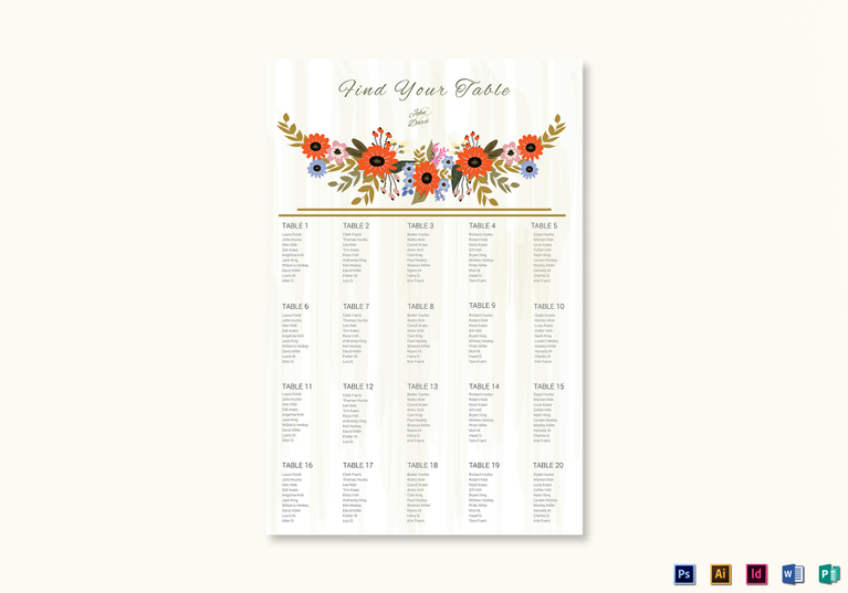 Summer Floral Wedding Seating Chart Template in Illustrator, InDesign ...