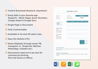 Delivery Order Template in Word, Excel, Apple Pages, Numbers