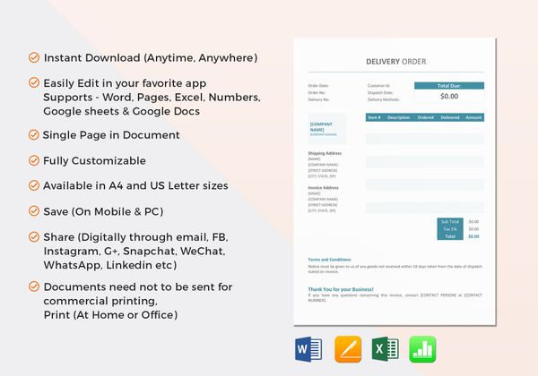 Delivery Order Template in Word, Excel, Apple Pages, Numbers