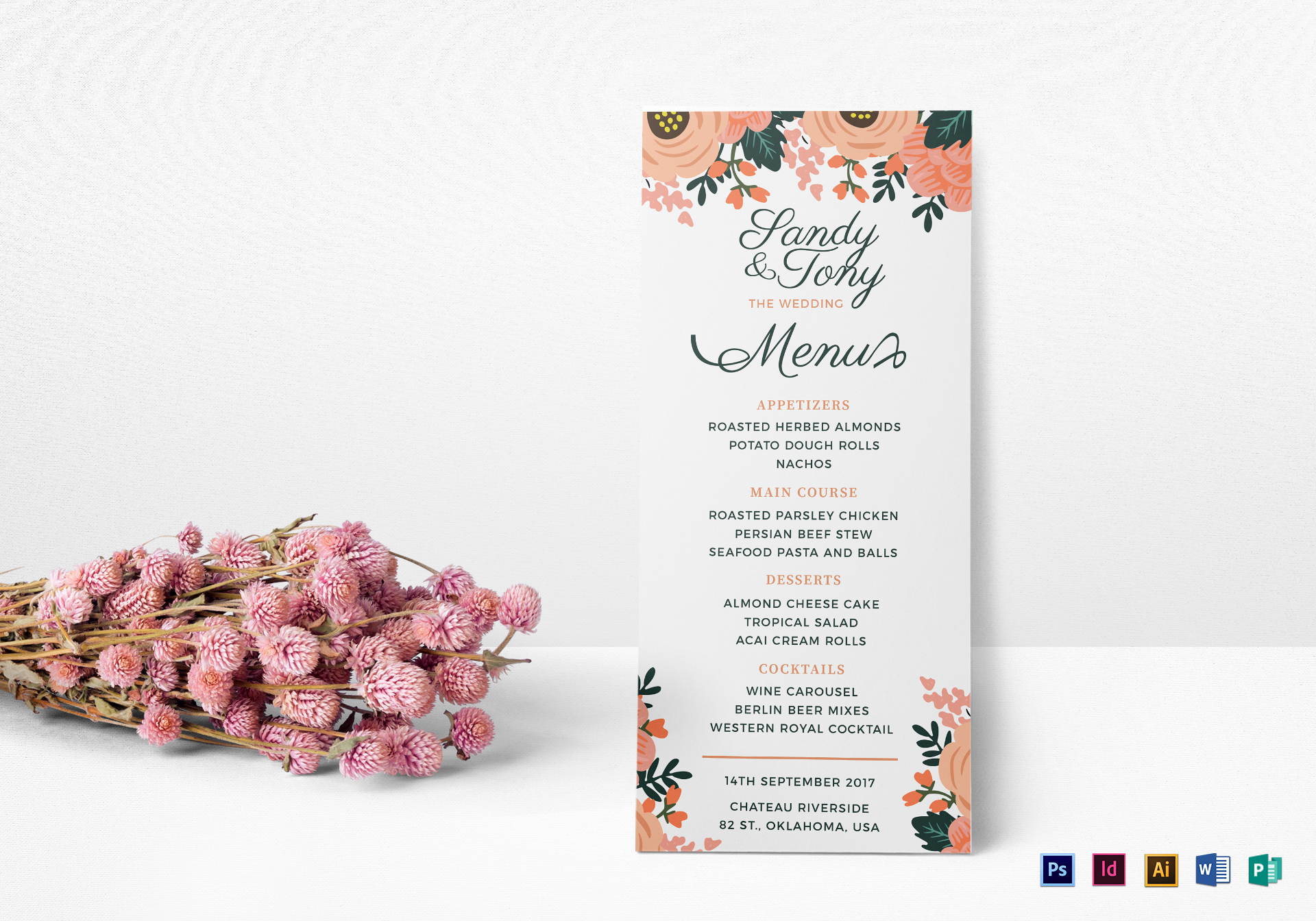 Wedding Menu Design Template In PSD Word Publisher Illustrator InDesign Wedding Menu Design Template In PSD Word Publisher Illustrator InDesign