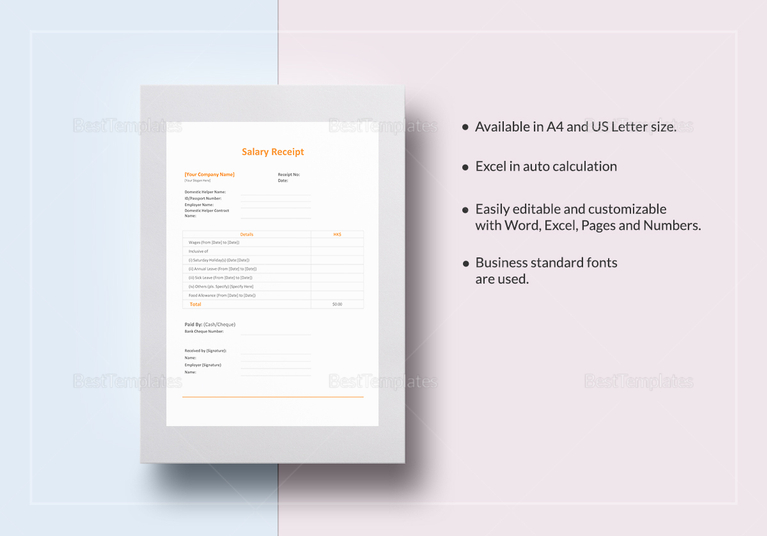Salary Receipt Template in Word, Excel, Apple Pages, Numbers