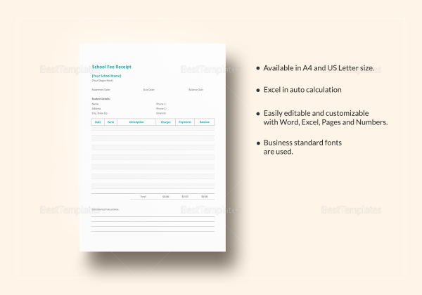 School Fee Receipt Template in Word, Excel, Apple Pages, Numbers