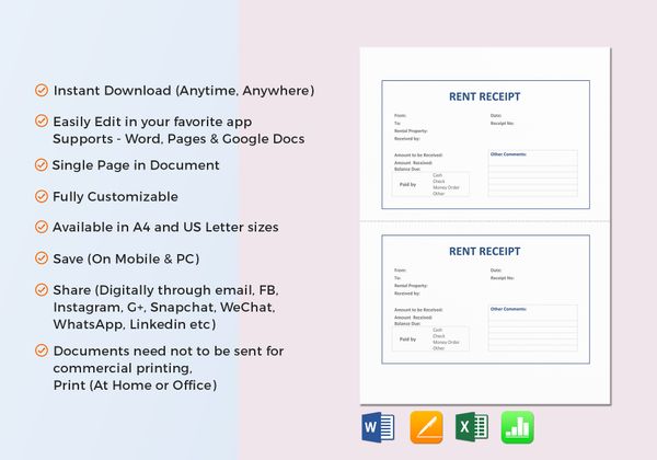Rent Receipt Template in Word, Excel, Apple Pages, Numbers