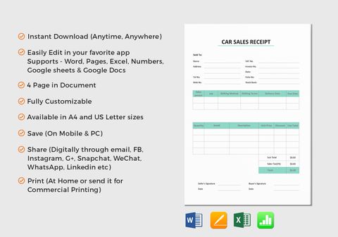 Car Sale Receipt Template in Word, Excel, Apple Pages, Numbers
