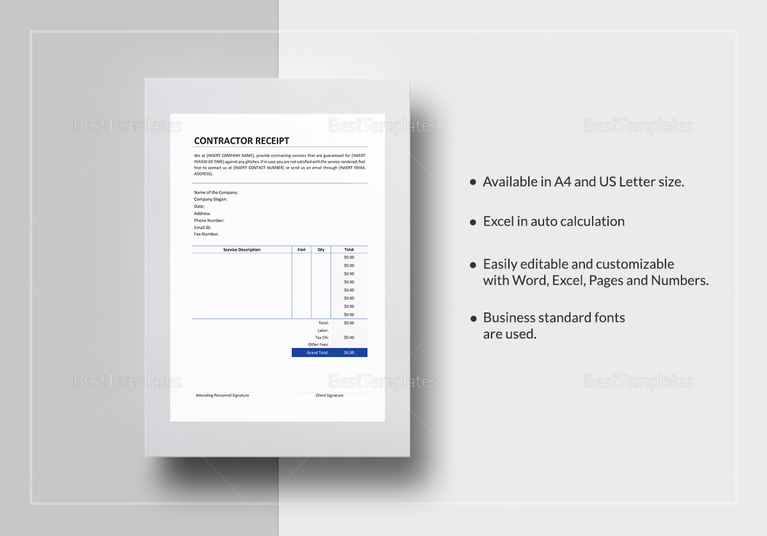 Sample Contractor Receipt Template in Word, Excel, Apple Pages, Numbers