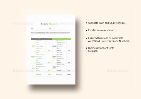 Personal Balance Sheet Template in Word, Excel, Apple Pages, Numbers