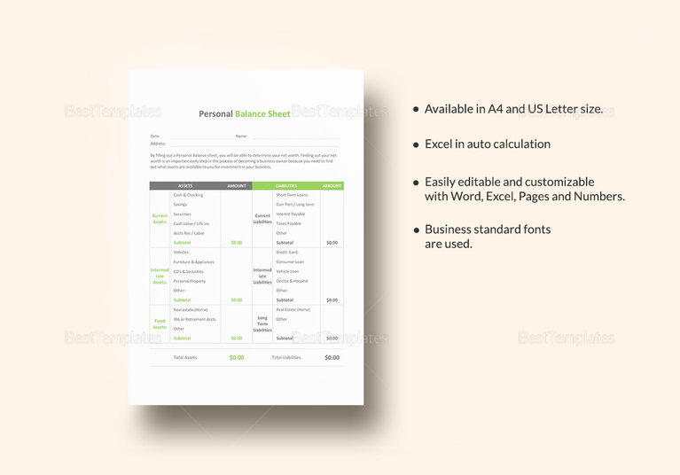 Personal Balance Sheet Template in Word, Excel, Apple Pages, Numbers