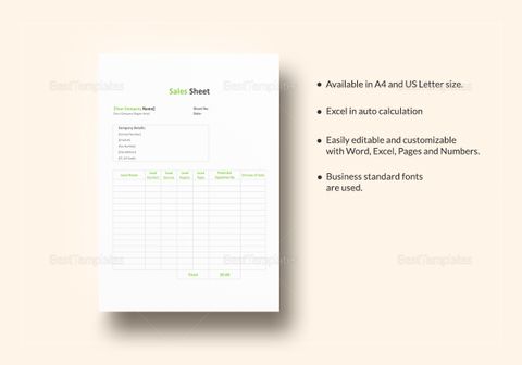 Sales Sheet Template in Word, Excel, Apple Pages, Numbers