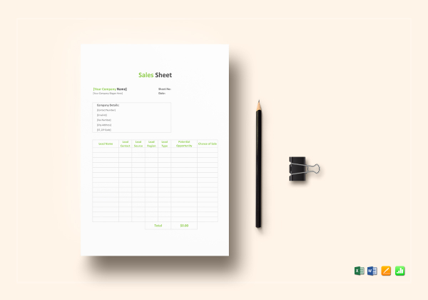 Sales Sheet Template in Word, Excel, Apple Pages, Numbers