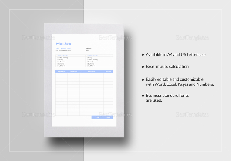 Price Sheet Template in Word, Excel, Apple Pages, Numbers