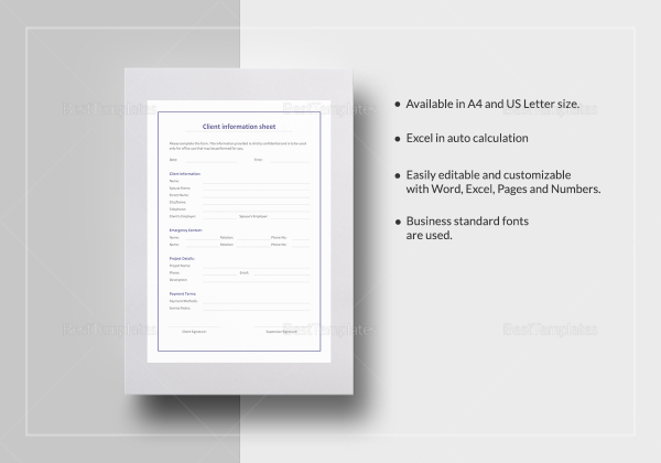 Client Information Sheet Template in Word, Excel, Apple Pages, Numbers