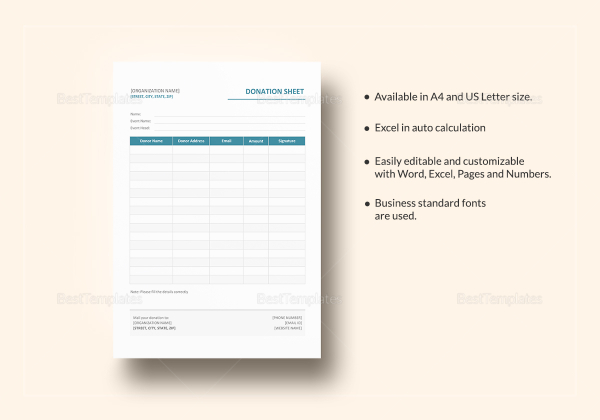 Donation Sheet Template in Word, Excel, Apple Pages, Numbers