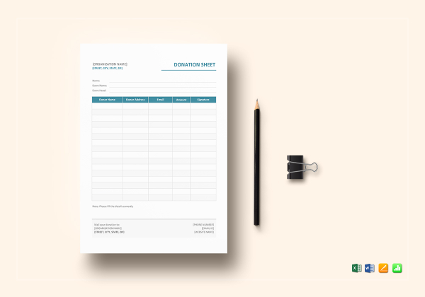 Donation Sheet Template in Word, Excel, Apple Pages, Numbers
