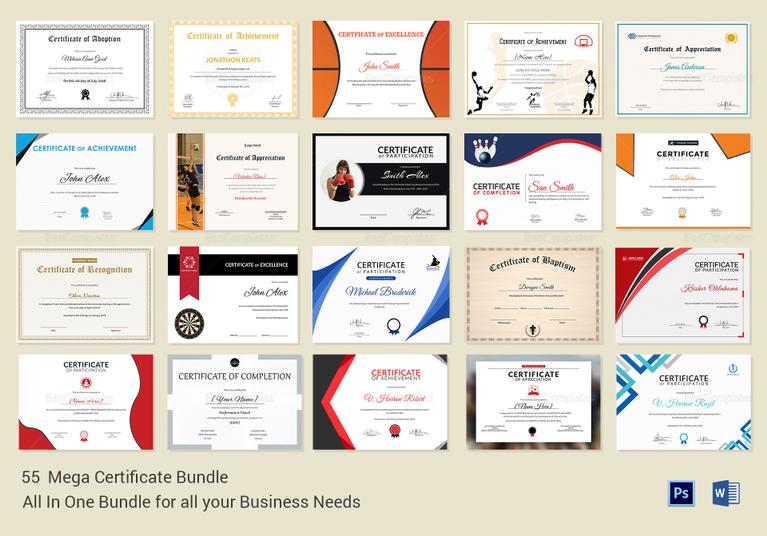 55 Printable Mega Certificate Templates Bundle in Word and PSD