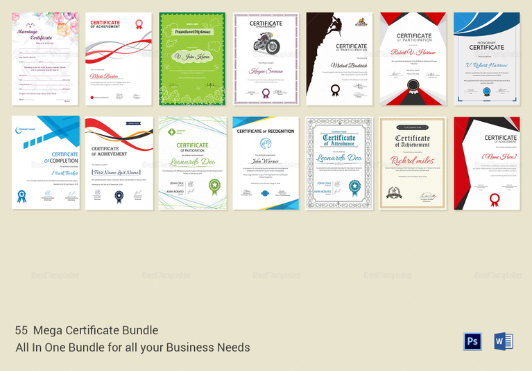 55 Printable Mega Certificate Templates Bundle in Word and PSD
