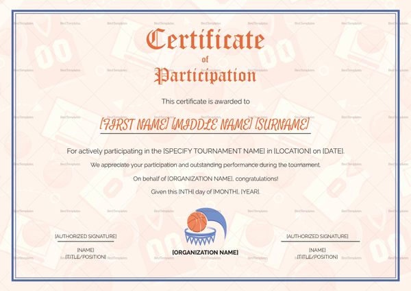 Simple Sports Participation Certificate Design Template in PSD, Word