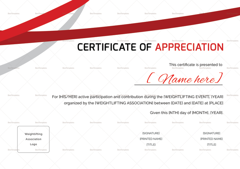 Weightlifting Appreciation Certificate Design Template in PSD, Word