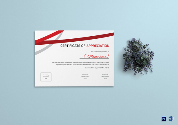 Weightlifting Appreciation Certificate Design Template in PSD, Word