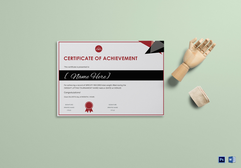 Weightlifting Award Achievement Certificate Design Template in PSD, Word