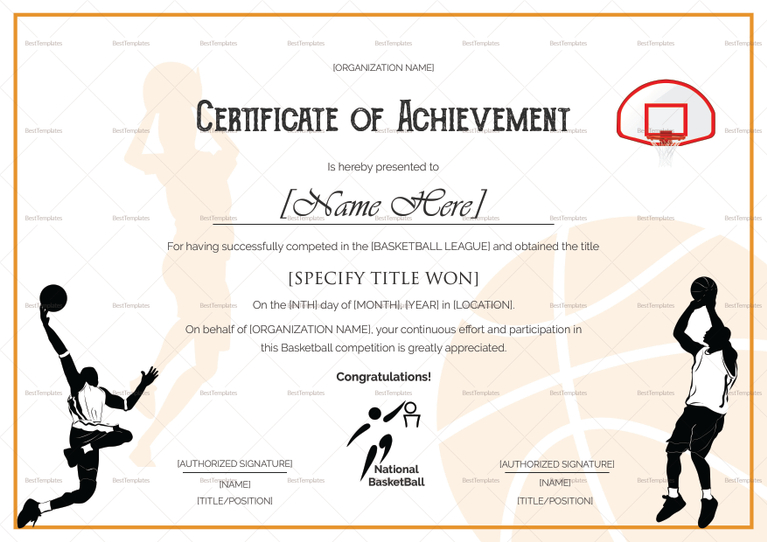 Basket Ball Award Achievement Certificate Design Template in PSD, Word