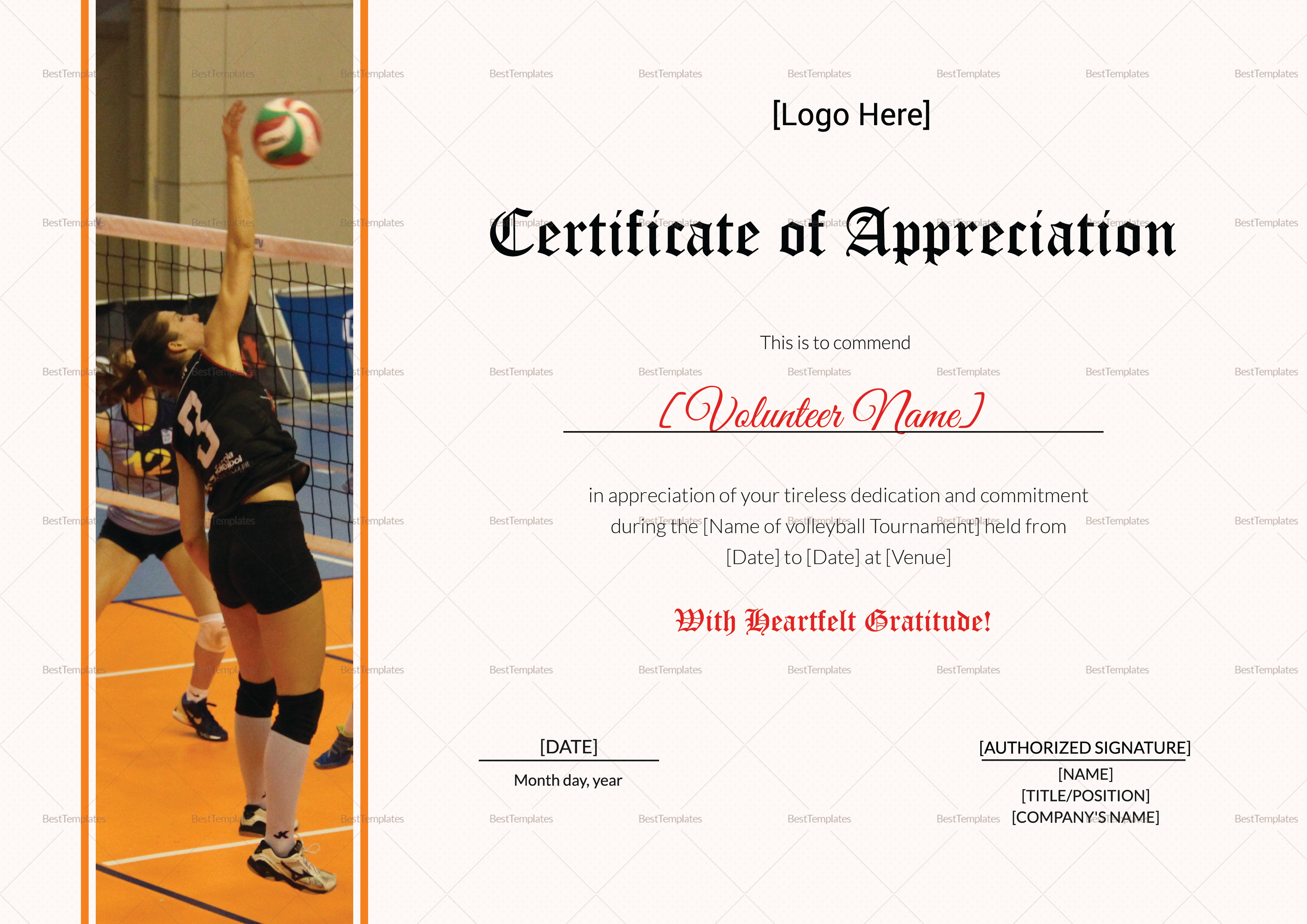 Volleyball Appreciation Certificate Design Template In PSD Word