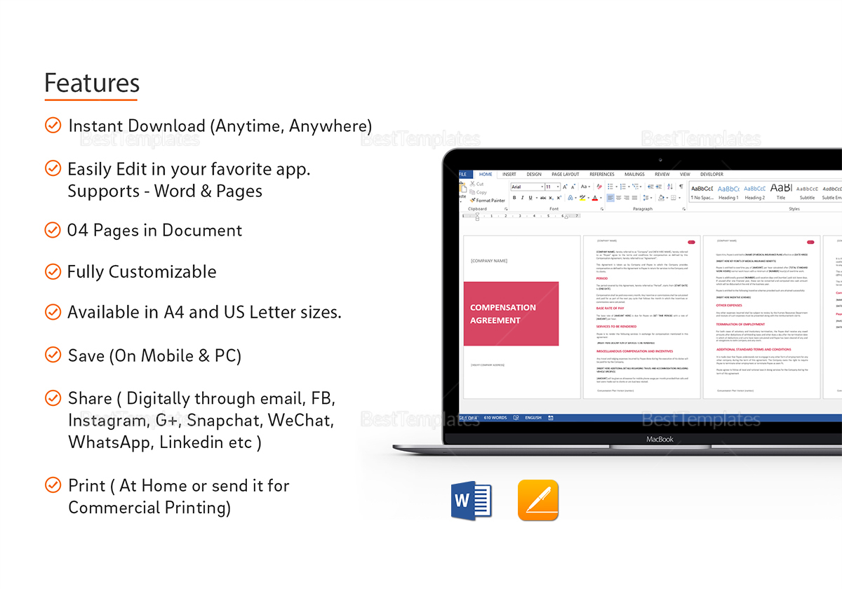 Compensation Agreement Template in Word, Google Docs, Apple Pages