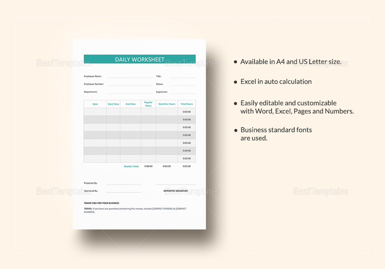 Daily Worksheet Template in Word, Excel, Apple Pages, Numbers