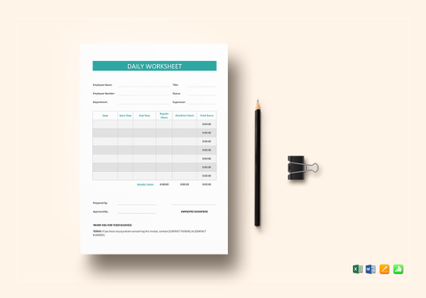Daily Worksheet Template in Word, Excel, Apple Pages, Numbers