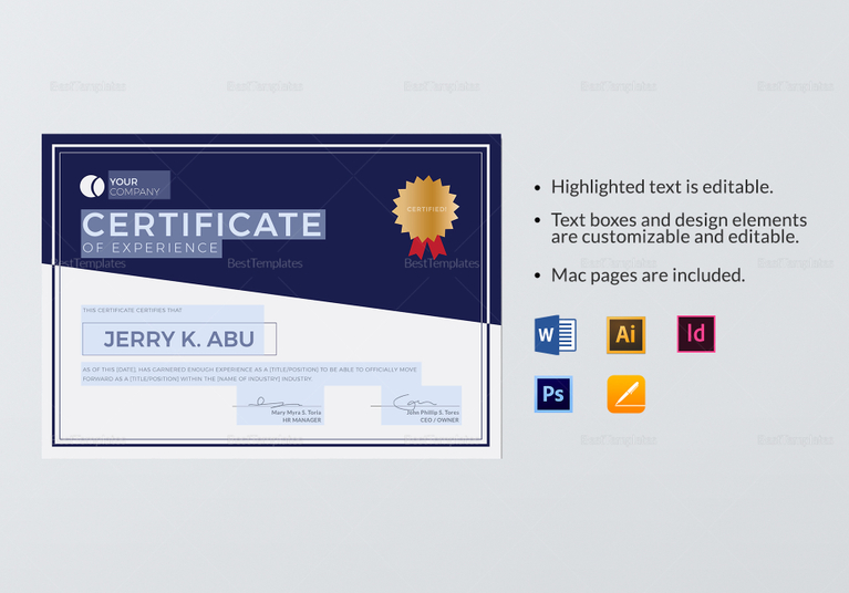 Experience Certificate Design Template in PSD, Word, Illustrator ...
