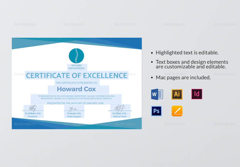 Medical Excellence Certificate Design Template in PSD, Word ...