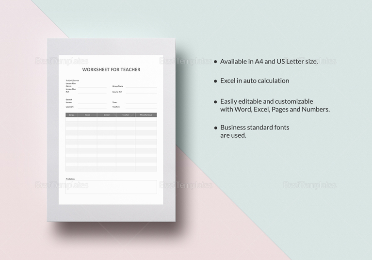 Teacher Worksheet Template in Word, Excel, Apple Pages, Numbers