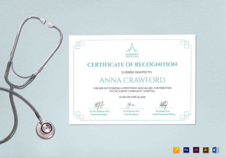 Simple Medical Certificate of Recognition Design Template in PSD, Word ...