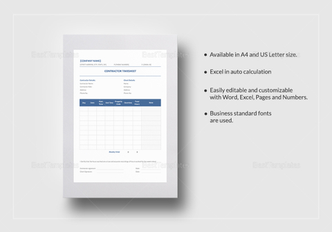 Contractor Timesheet Template in Word, Excel, Apple Pages, Numbers