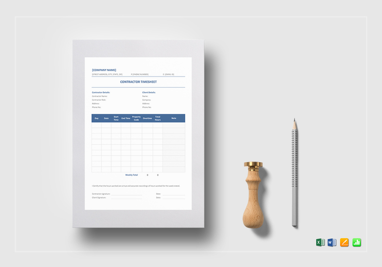 Contractor Timesheet Template in Word, Excel, Apple Pages, Numbers