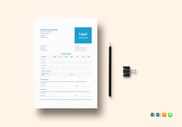 Legal and Lawyer Timesheet Template in Word, Excel, Apple Pages, Numbers