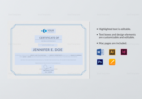 Work Experience Certificate Template in PSD, Word, Illustrator ...