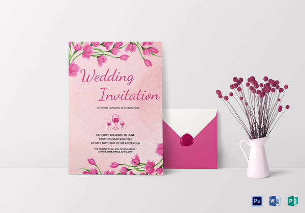 Pink Floral Wedding Invitation Card Design Template in Word, PSD, Publisher