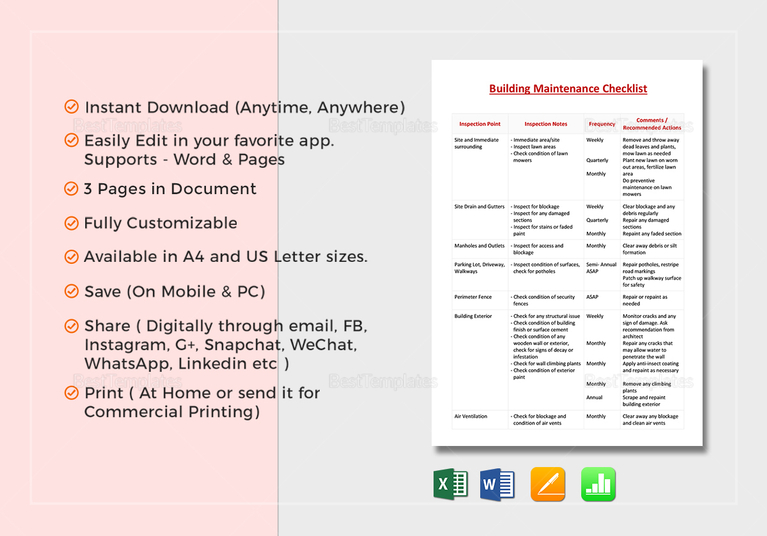 Building Maintenance Checklist Template in Word, Excel, Apple Pages ...