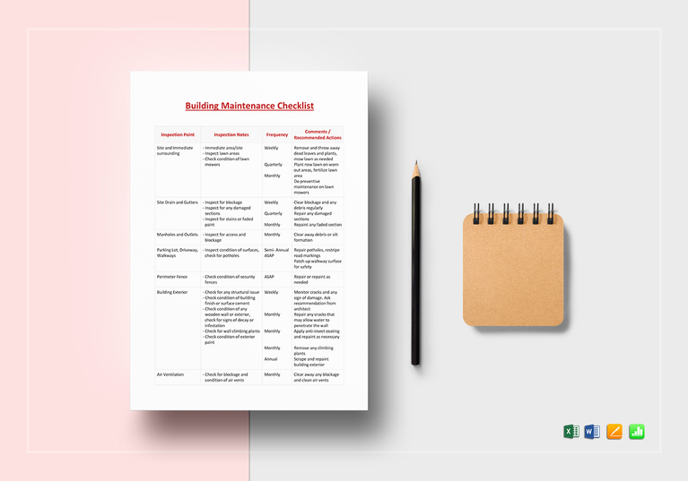 Building Maintenance Checklist Template in Word, Excel, Apple Pages ...