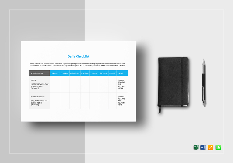 Daily Checklist Template in Word, Excel, Apple Pages, Numbers