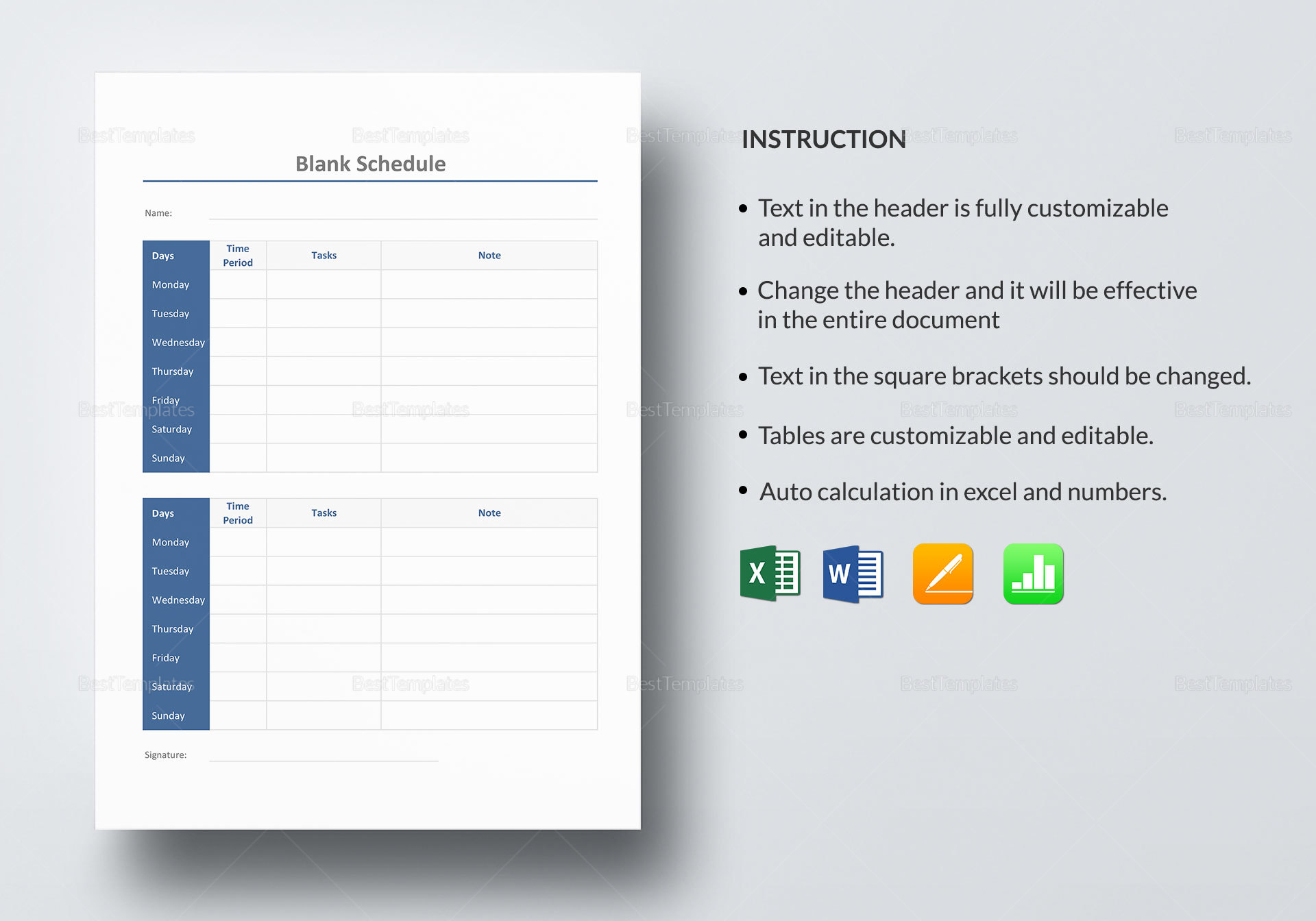 Blank Schedule Template in Word, Excel, Apple Pages, Numbers